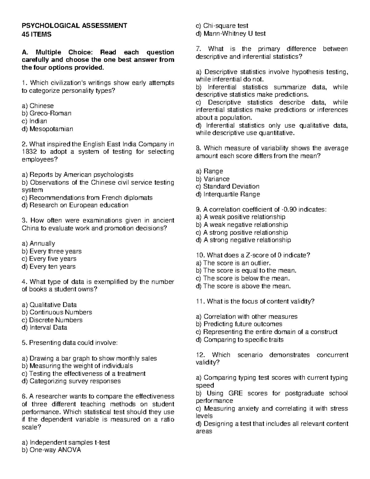 Psych Assessment Chapter EXAM - PSYCHOLOGICAL ASSESSMENT 45 ITEMS A ...