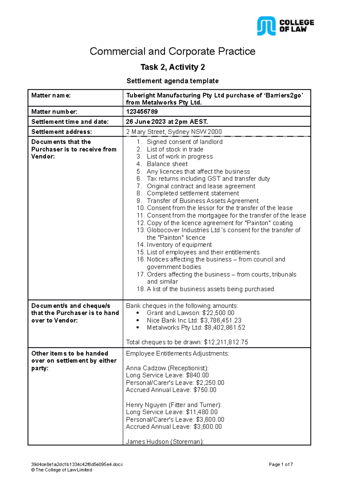 Settlement Agenda Template for Tuberight Manufacturing Pty Ltd (Activity 2.2) - Studocu