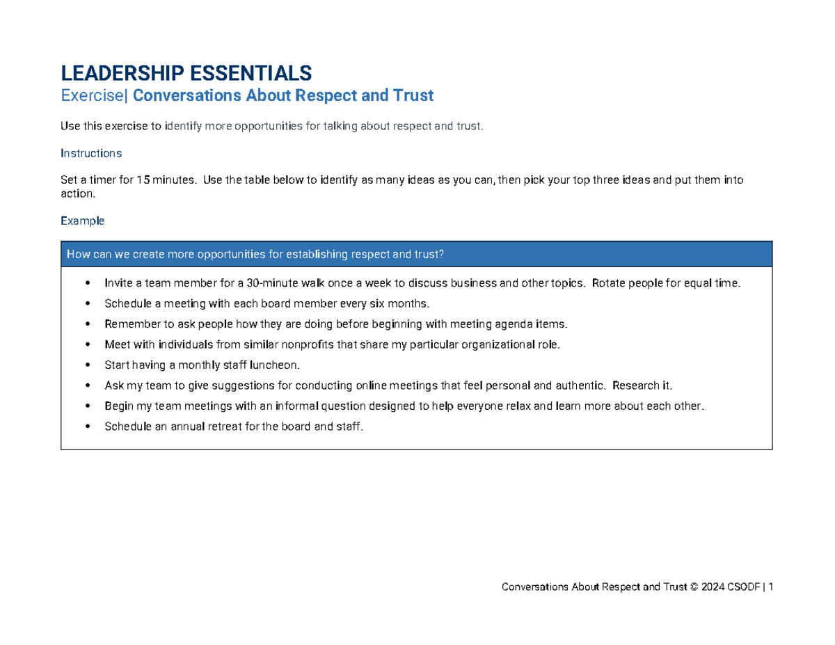 C1P2 Exercise - Building Respect & Trust in Leadership 2024 - Studocu