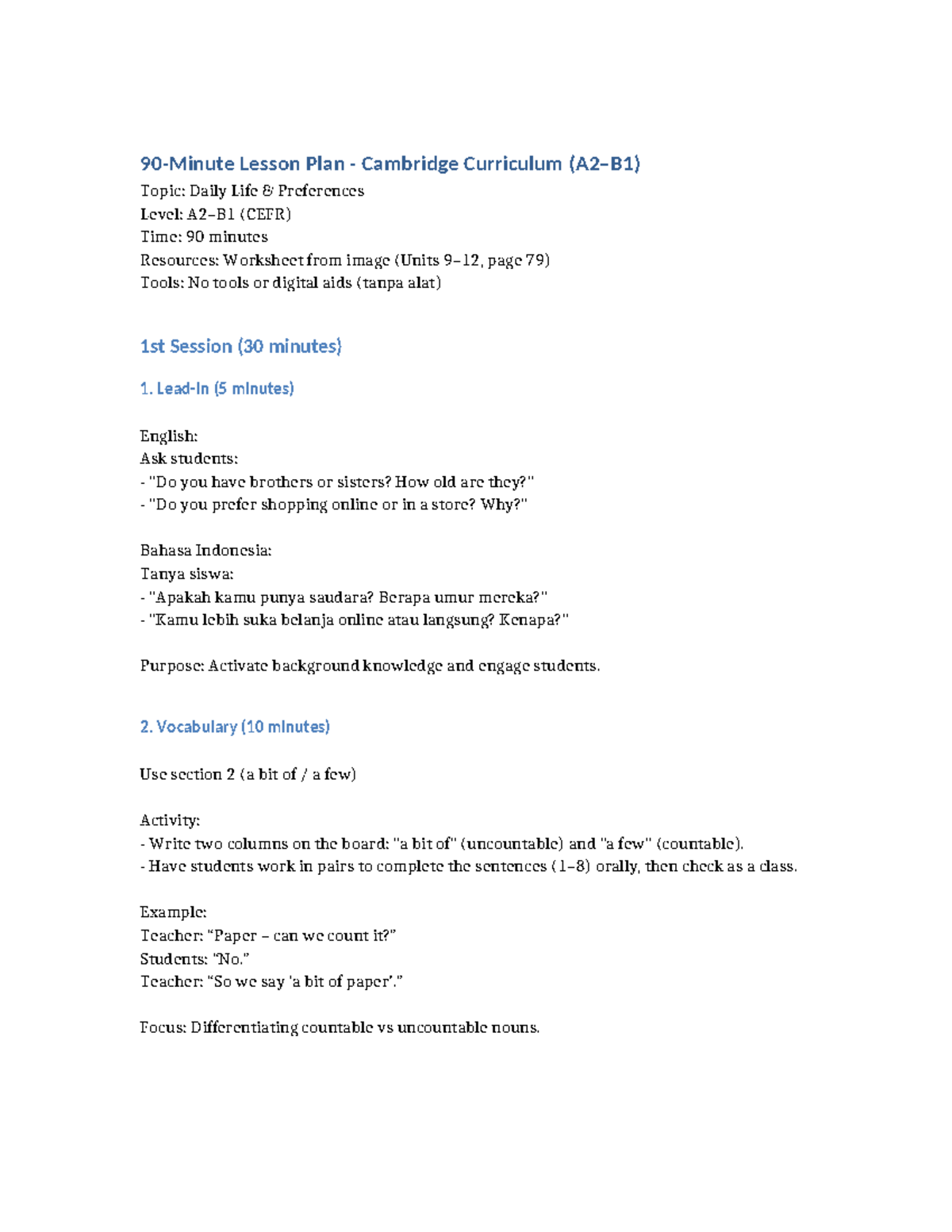 90-Minute Lesson Plan: Daily Life Preferences (CEFR) - Studocu