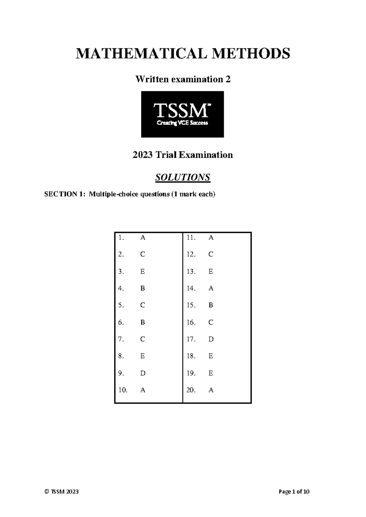 2023 TSSM Units 3 & 4 Exam 2 Solutions: Math Methods Answers - Studocu