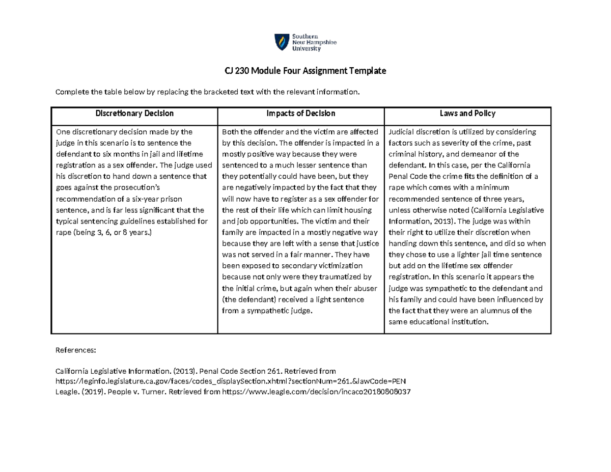 CJ 230 Module Four Assignment: Analyzing Judicial Discretion in ...