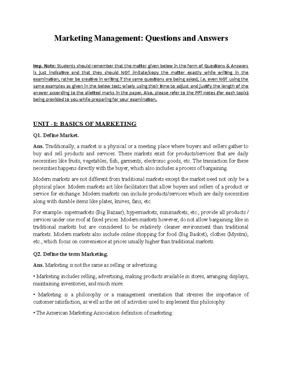 Marketing Management - Question BANK - Marketing Management: Questions ...