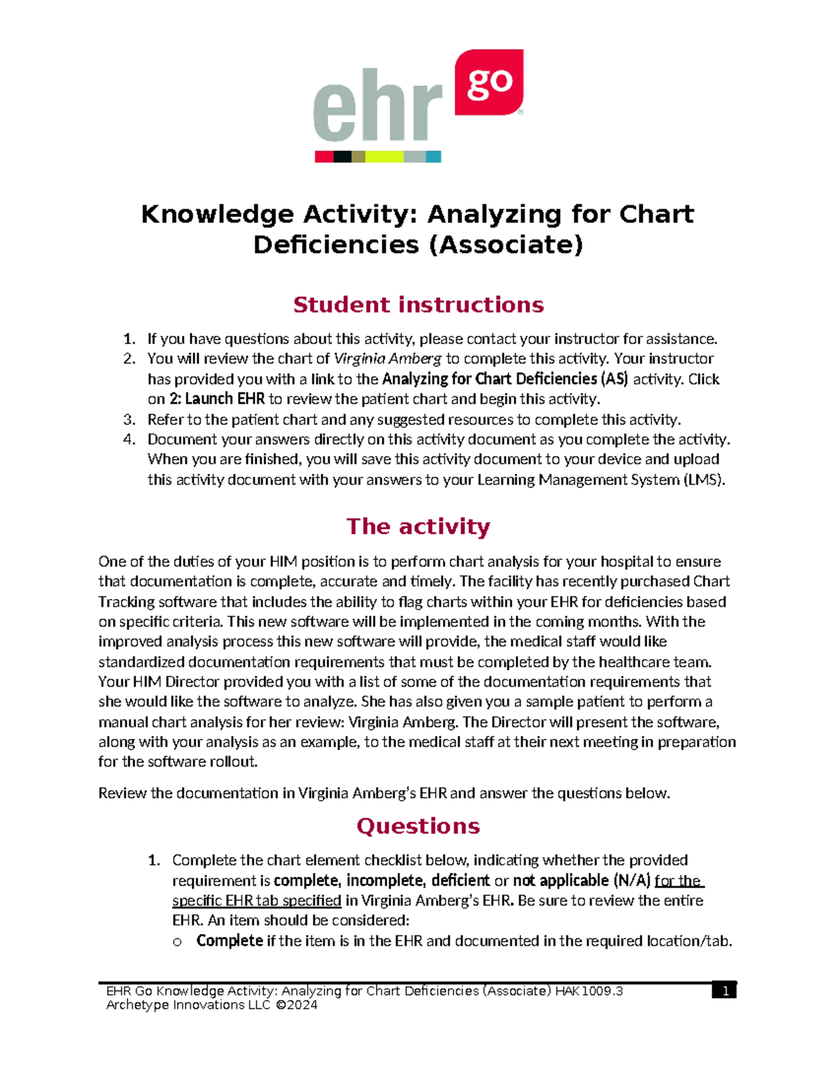 Analyzing Chart Deficiencies: EHR Knowledge Activity HAK1009 - Studocu