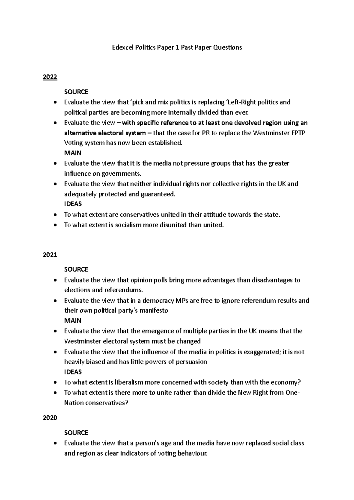 Edexcel A-level Politics PY1 Past Paper Questions (2019-2022) - Studocu
