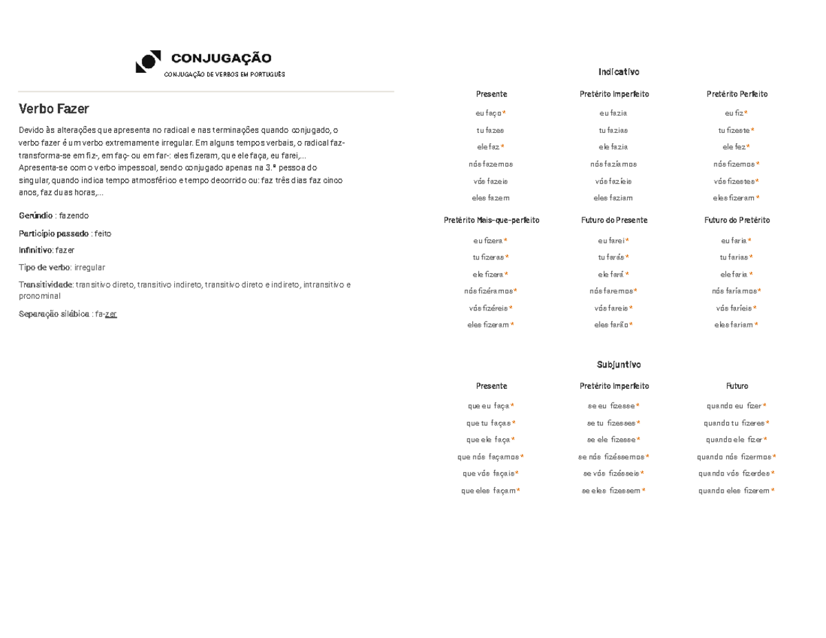 Conjugação do Verbo Fazer: Guia Completo e Imperativos - Studocu