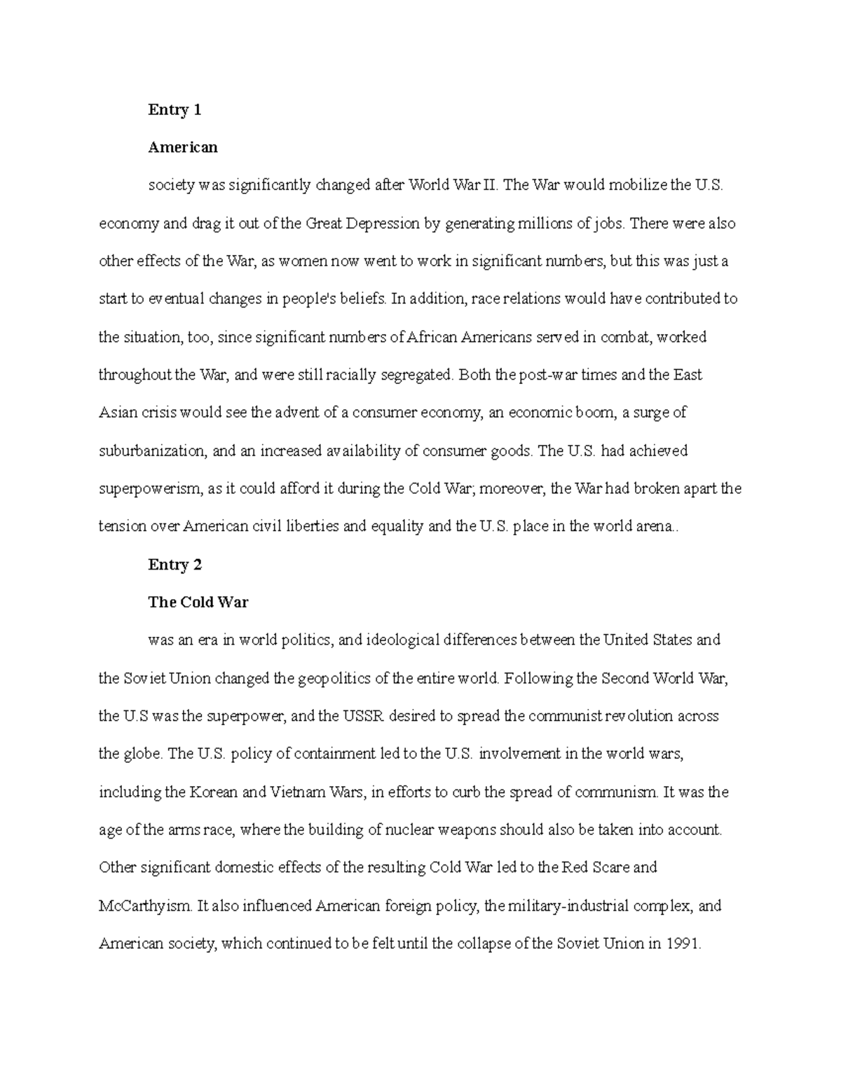 HIST 101 - American Society Transformations Post-WWII to 21st Century ...