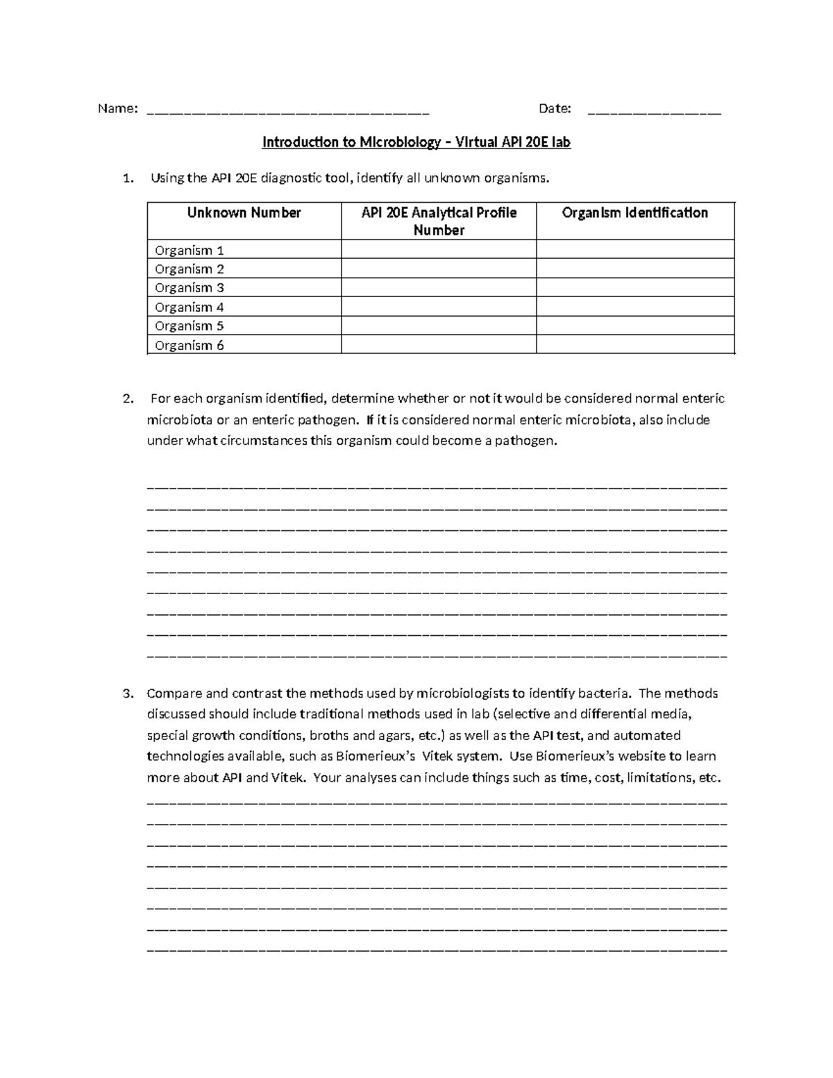 API 20E lab data and analysis sheet - Name ...