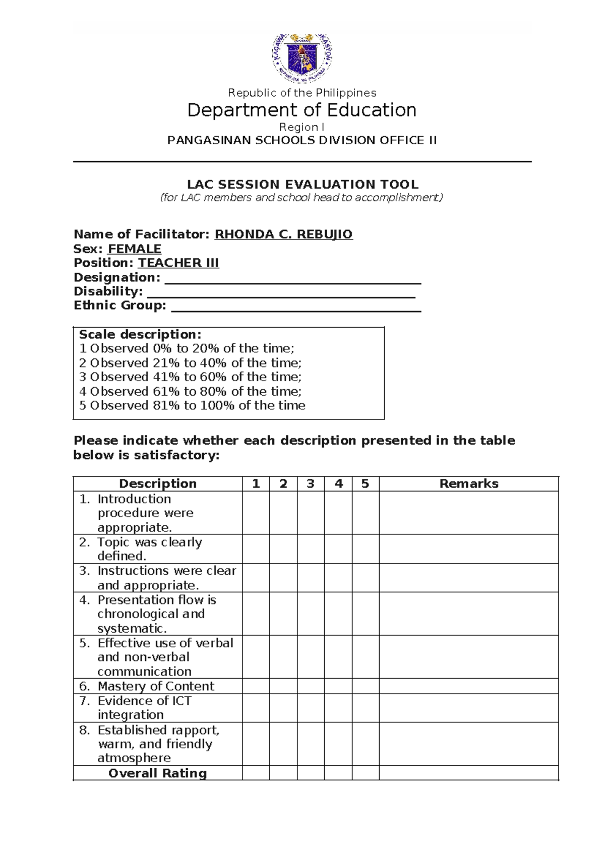 LAC Session Evaluation Tool for Teachers - Region I, Philippines - Studocu