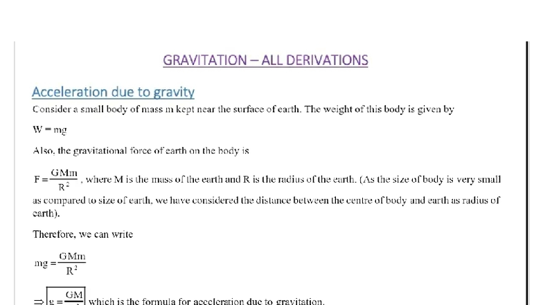 Gravitation Derivations: Key Concepts and Formulas (Course Code: GRAV ...
