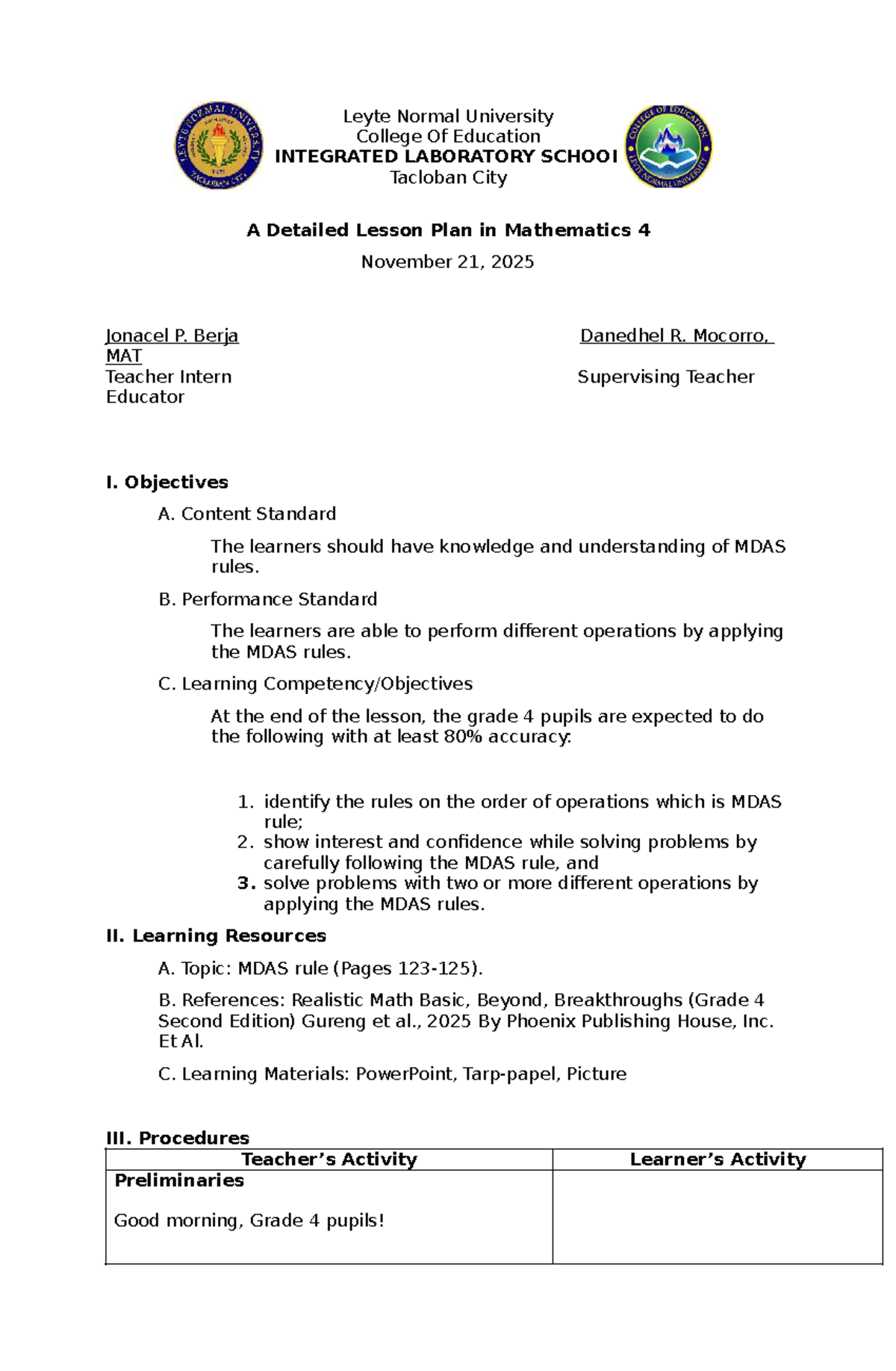 Mathematics 4 Lesson Plan: Understanding MDAS Rules - Studocu