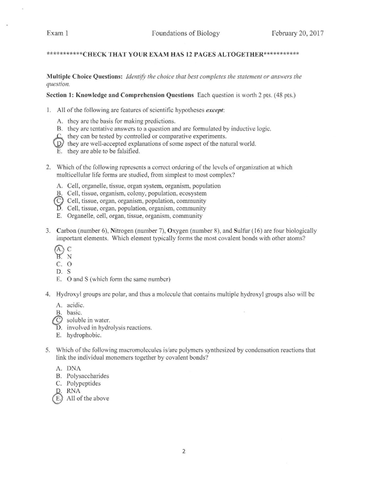 BIOL 101: Practice Exam 1 with Answers - February 20, 2017 - Studocu