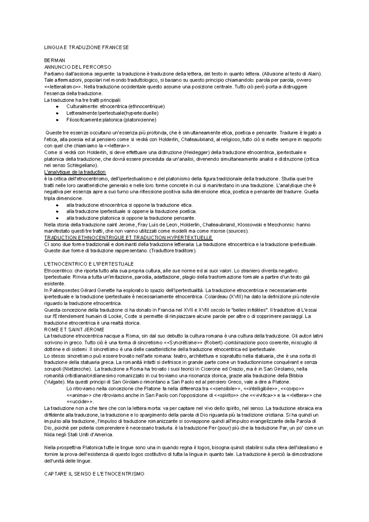 LINGUA E TRADUZIONE FRANCESE LINGUA E TRADUZIONE BERMAN: ANALISI DEL ...