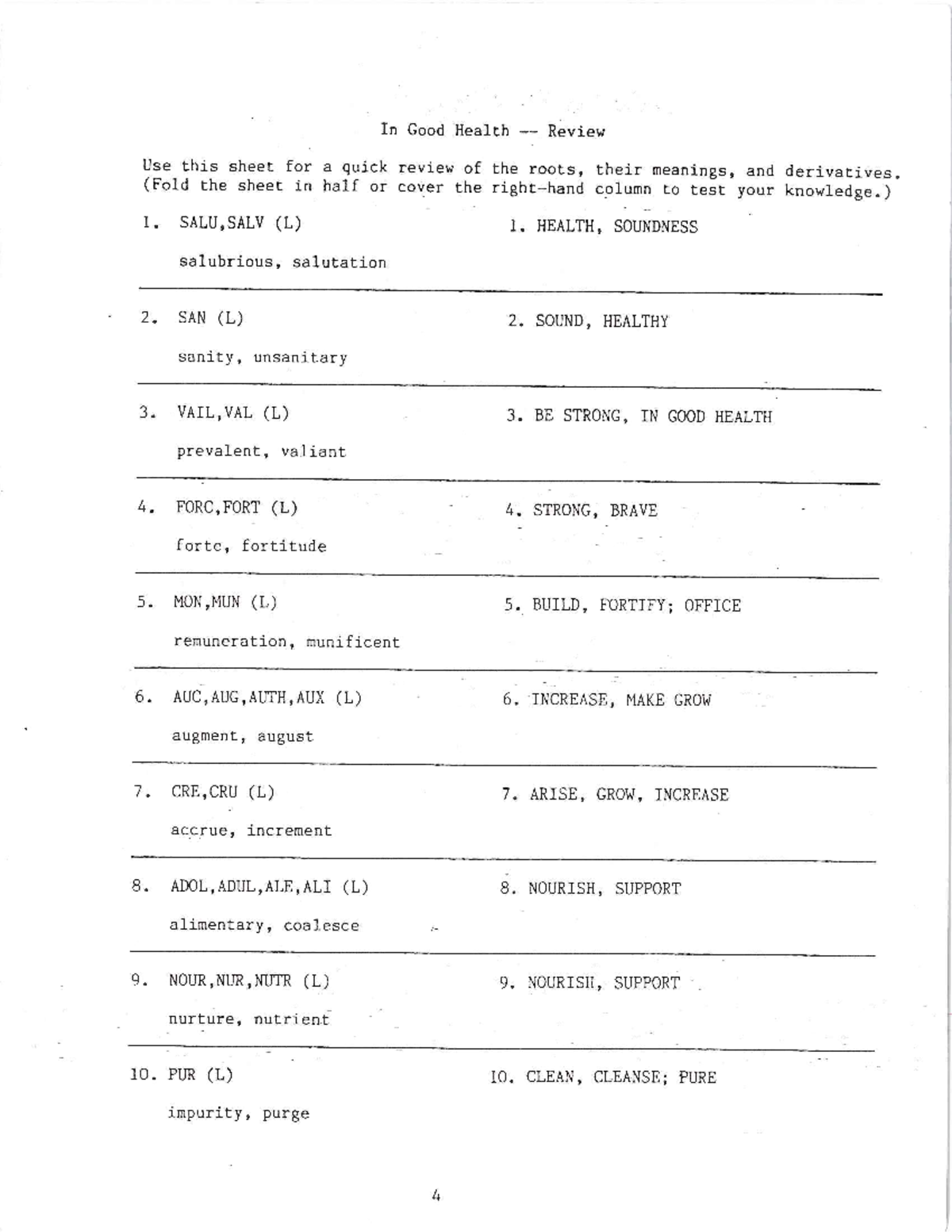 IN Good Health Vocabulary Review Sheet - Studocu