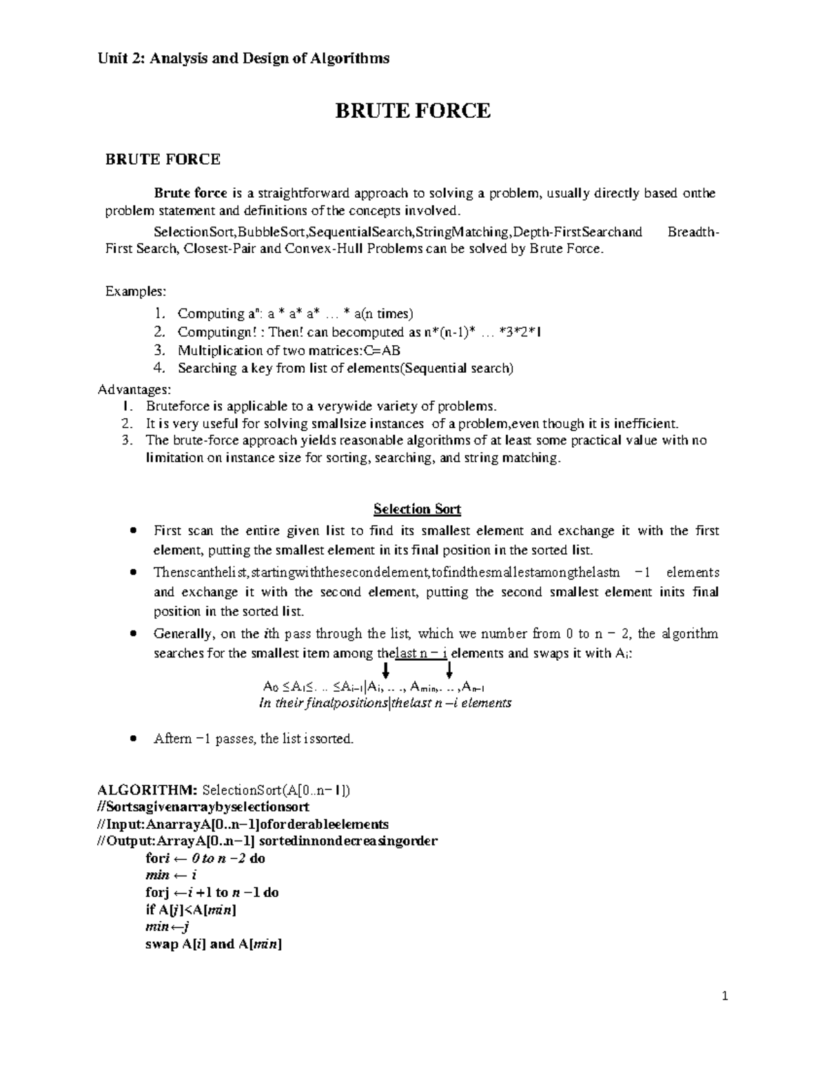 ADA Unit 2: Brute Force Analysis and Algorithm Design - Studocu
