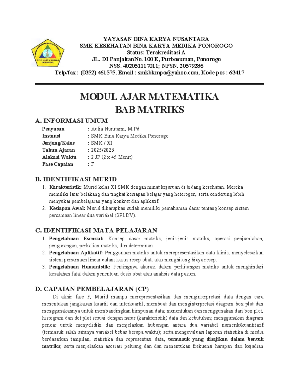 Modul Ajar Matematika SMK XI: Operasi Matriks dan Aplikasinya - Studocu