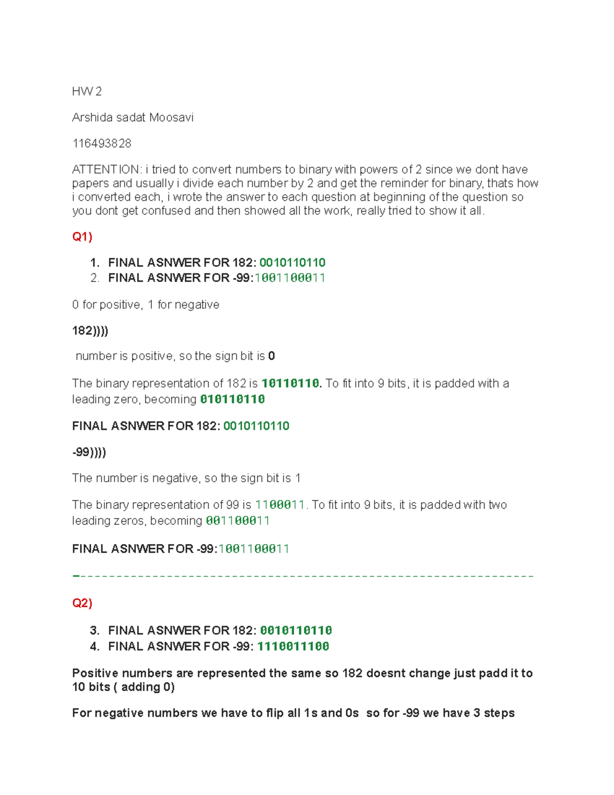 HW 2 CSE 220 - Binary Conversion and Representation Notes - Studocu