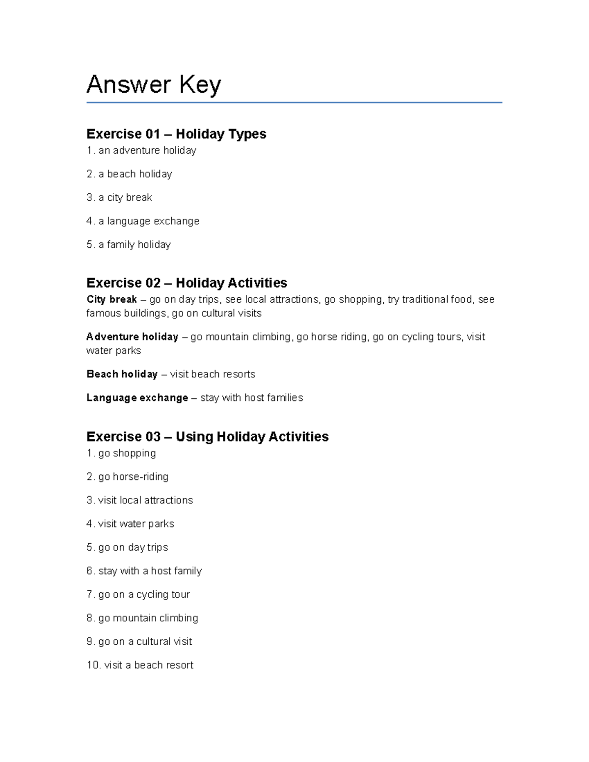 Holiday Unit Answer Key: Types & Activities of Holidays - Studocu