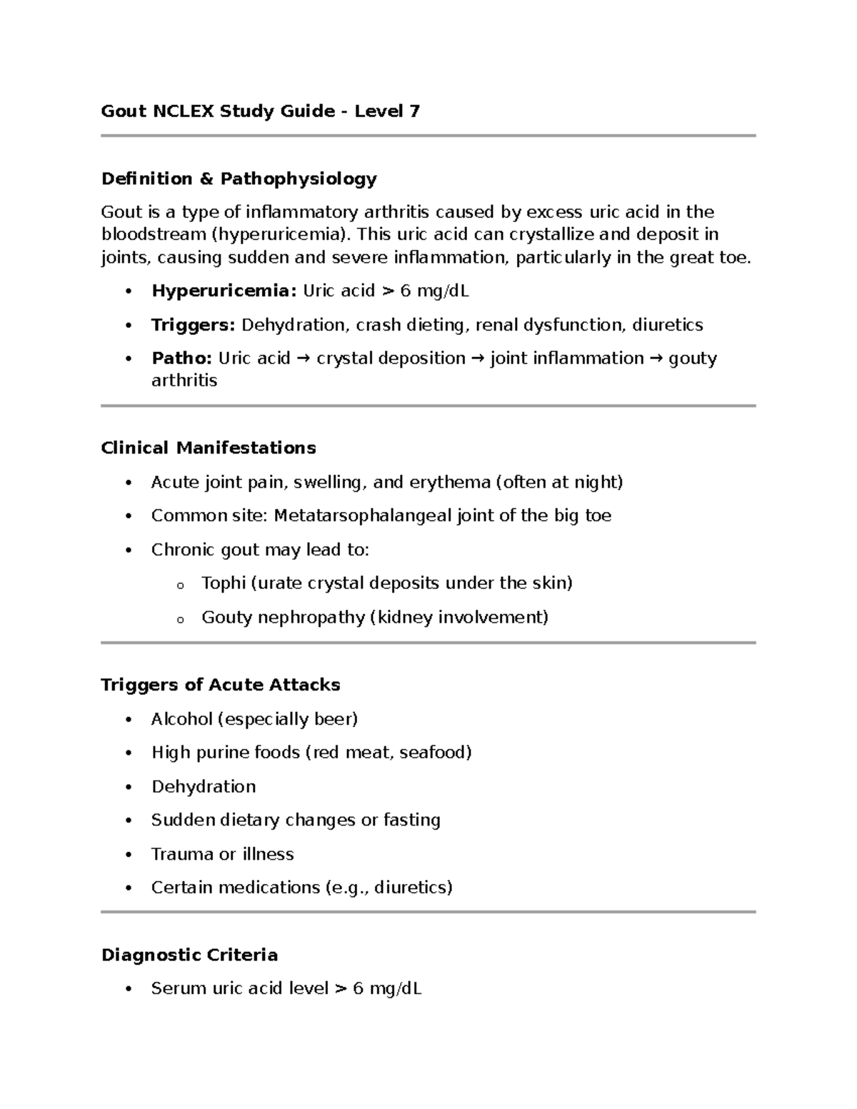 Gout NCLEX Study Guide: Key Concepts and Management Strategies - Studocu