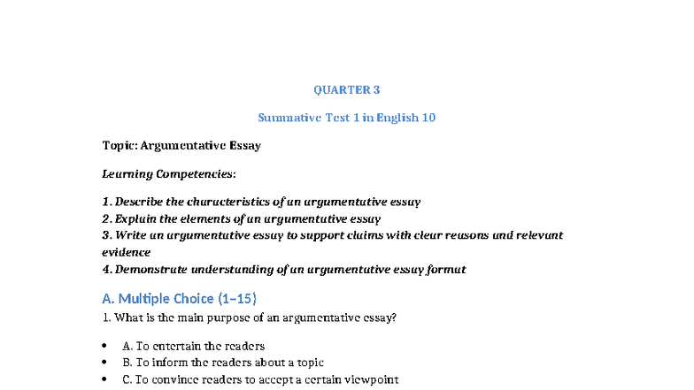 EN10 Q3 Summative Test 1: Argumentative Essay Insights - Studocu