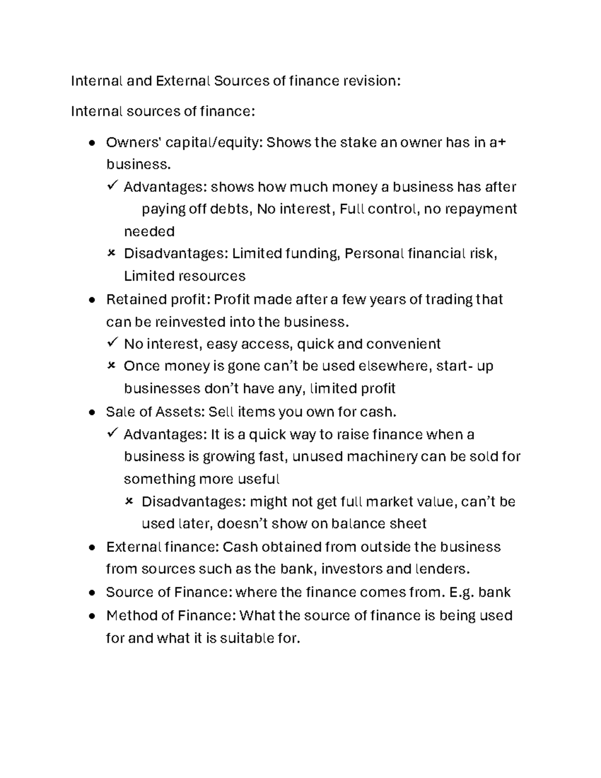 Business Test Revision: Internal & External Sources of Finance - Studocu