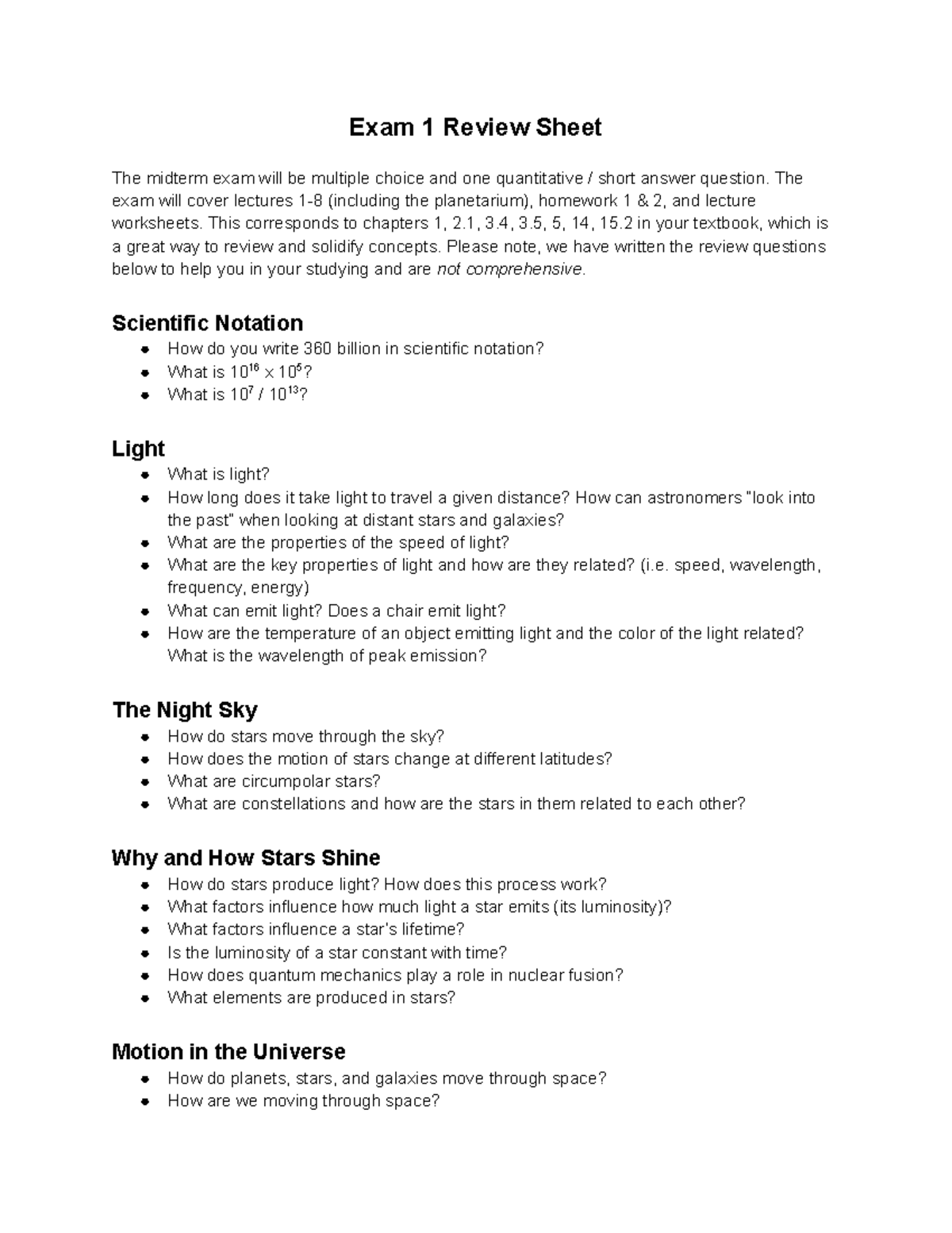ASTR 101 Midterm Exam Review Sheet (Chapters 1-8) - Studocu
