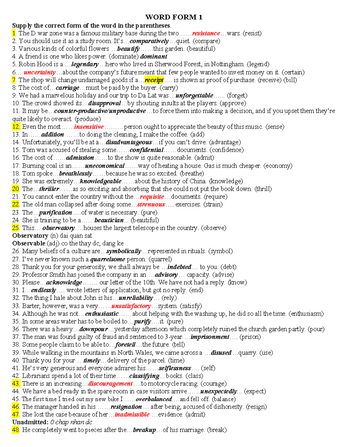 WORD FORM 1 EXERCISES - A2 ENGLISH GRAMMAR PRACTICE - Studocu