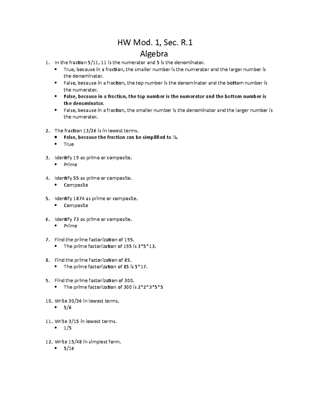 Module 1 Section R - homework - HW Mod. 1, Sec. R. Algebra In the ...