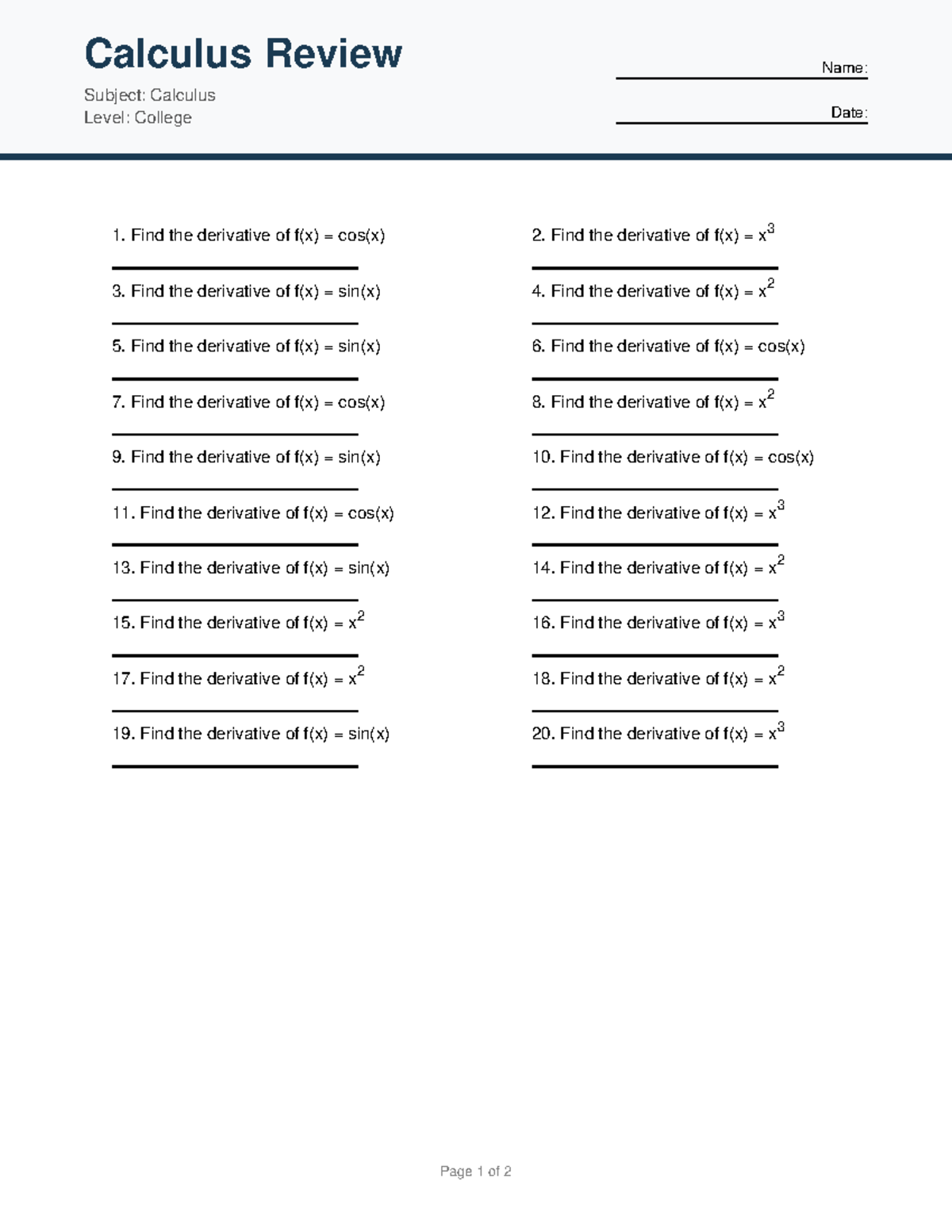 Calculus Review: Derivatives & Basic Math Problems (Calc 101) - Studocu