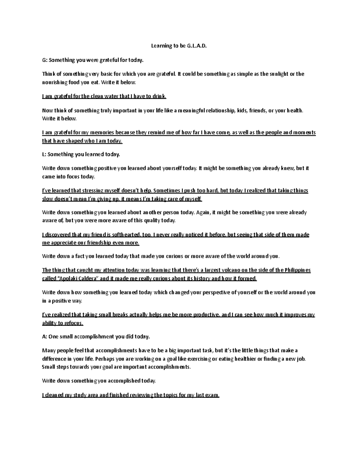 Coping Activity: Learning to be G.L.A.D. Reflections and Insights - Studocu