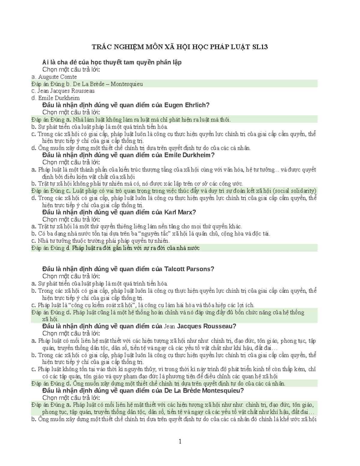 Đáp Án Trắc Nghiệm Xã Hội Học Pháp Luật SL13 T - Studocu