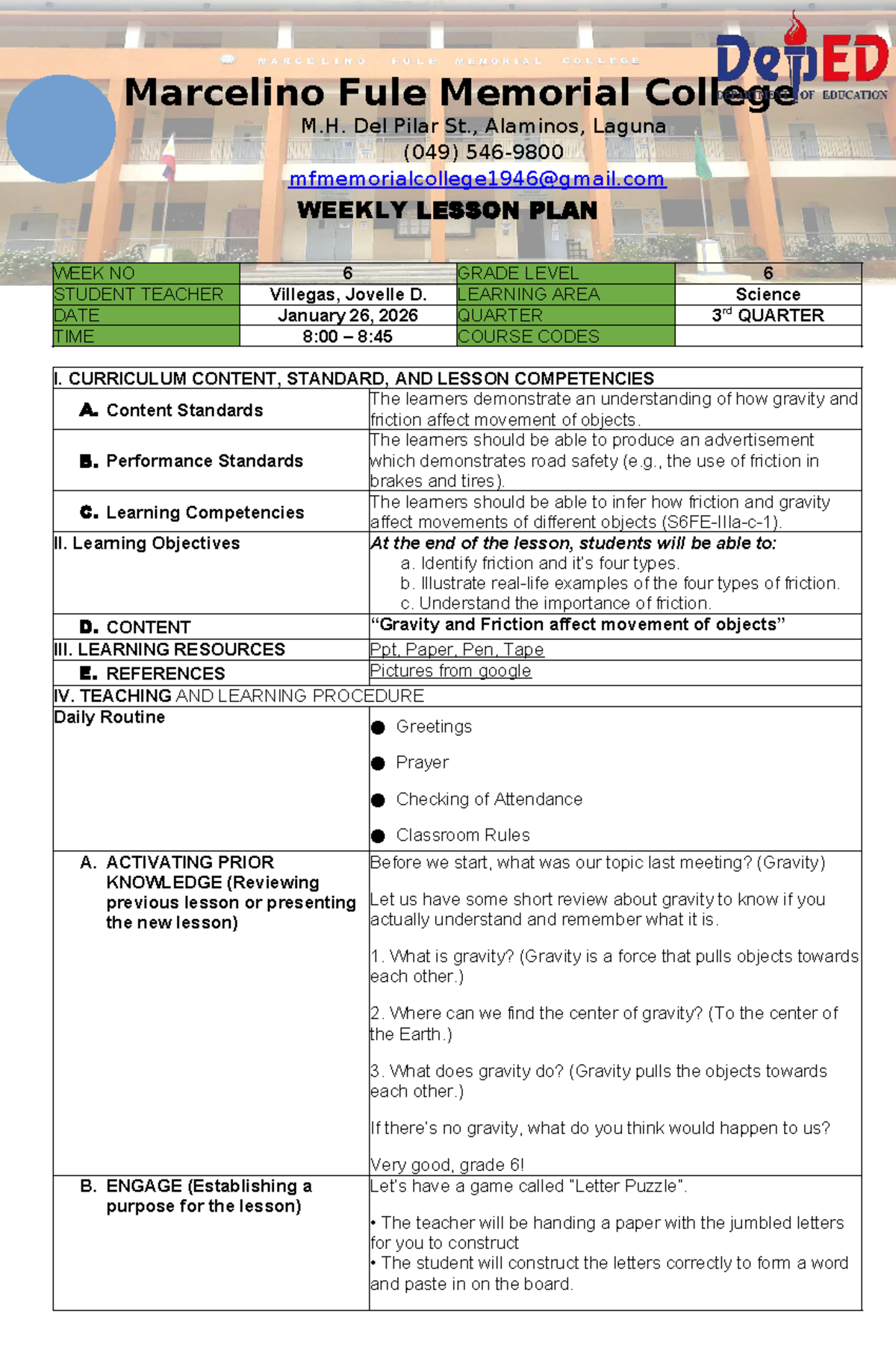 6th Grade Science Lesson Plan: Understanding Friction (3rd Quarter ...