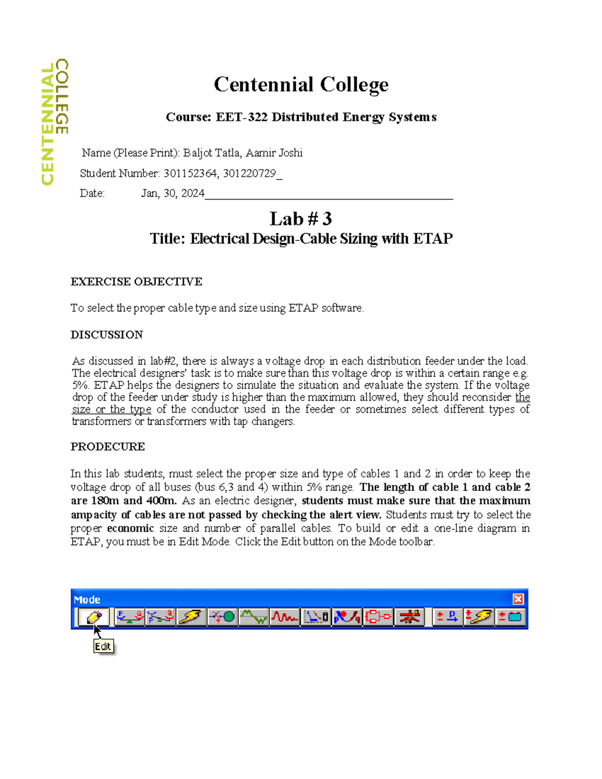 EET-322 Lab 3: Electrical Design - Cable Sizing with ETAP Analysis ...