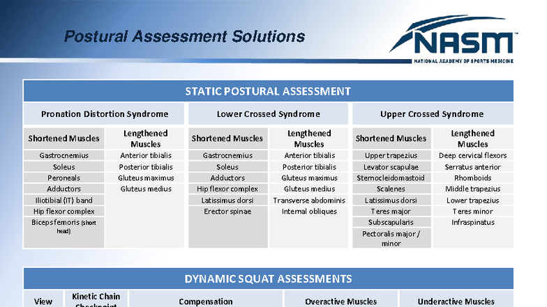 NASM-CPT Postural Assessment Solutions and Dynamic Squat Analysis - Studocu