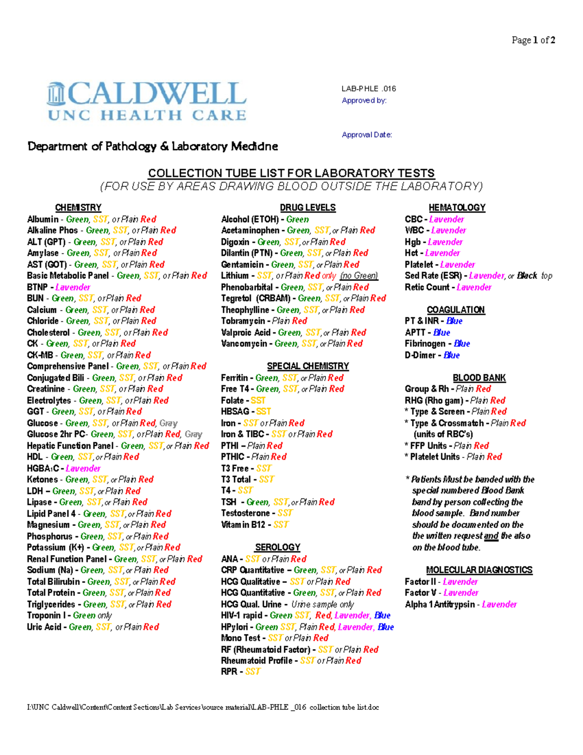 LAB-PHLE 016: Collection Tube List for Lab Tests - Studocu