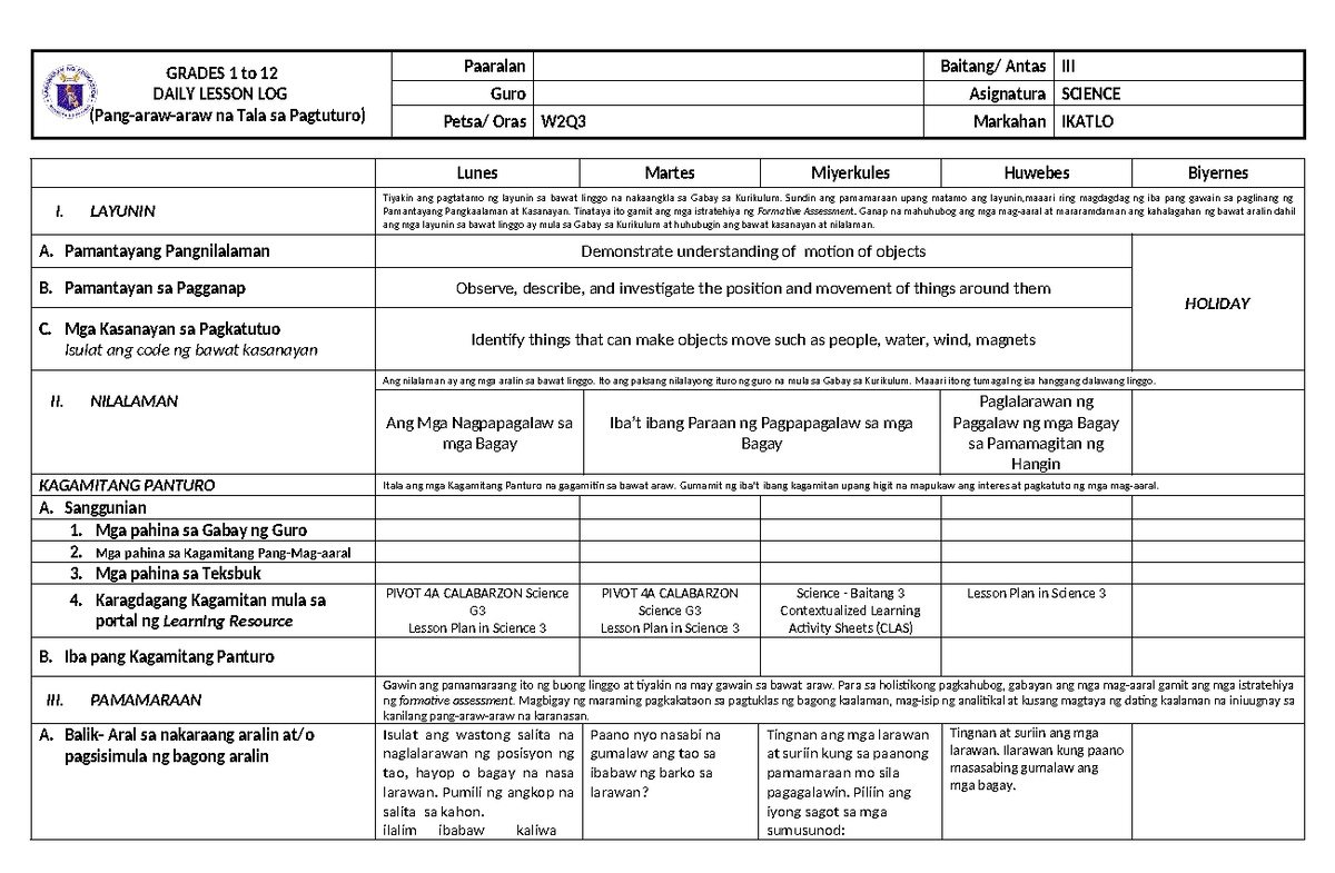 PIVOT 4A CALABARZON G3 Daily Lesson Log in Science W2Q3 - Studocu