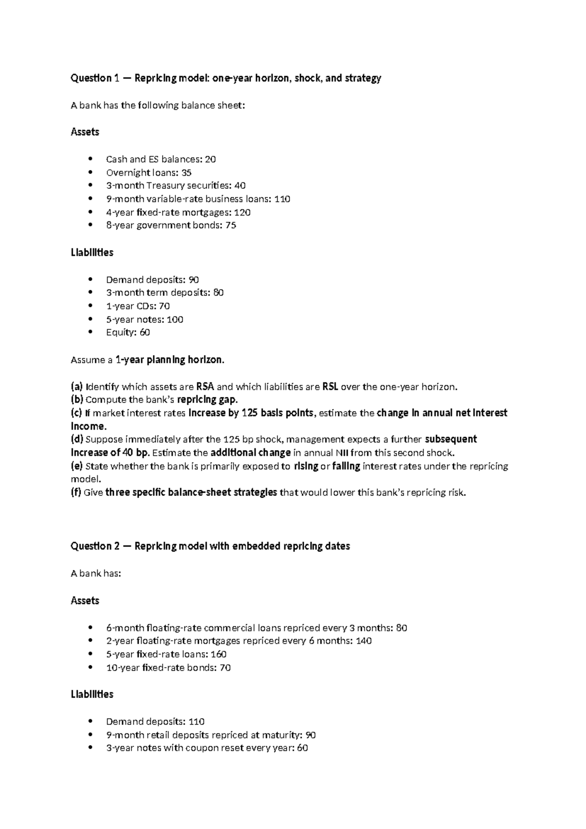 Repricing Model Analysis and Maturity Gap Assessment for BANK3011 - Studocu