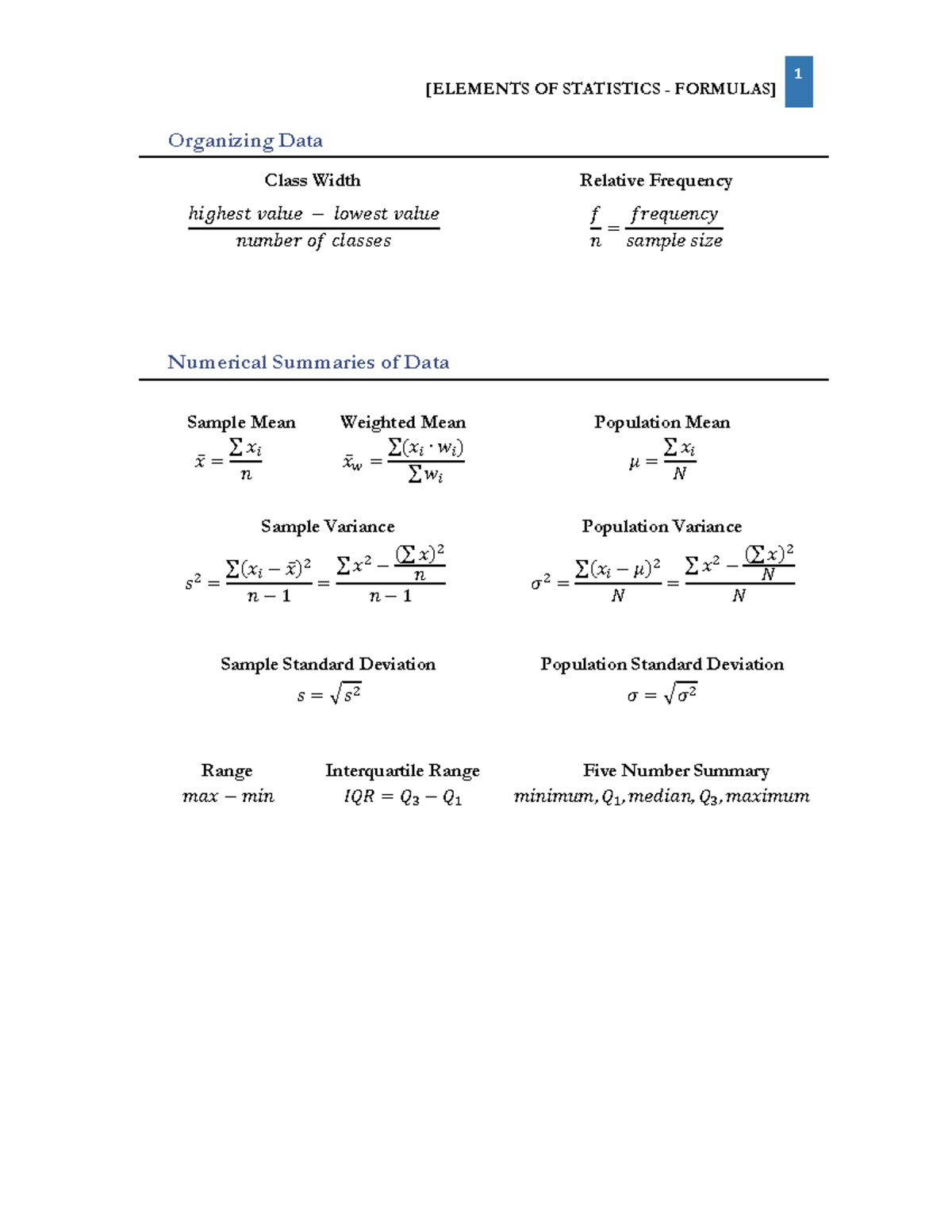 STA 2023 Updated Formulas for Statistics Concepts and Tests - Studocu