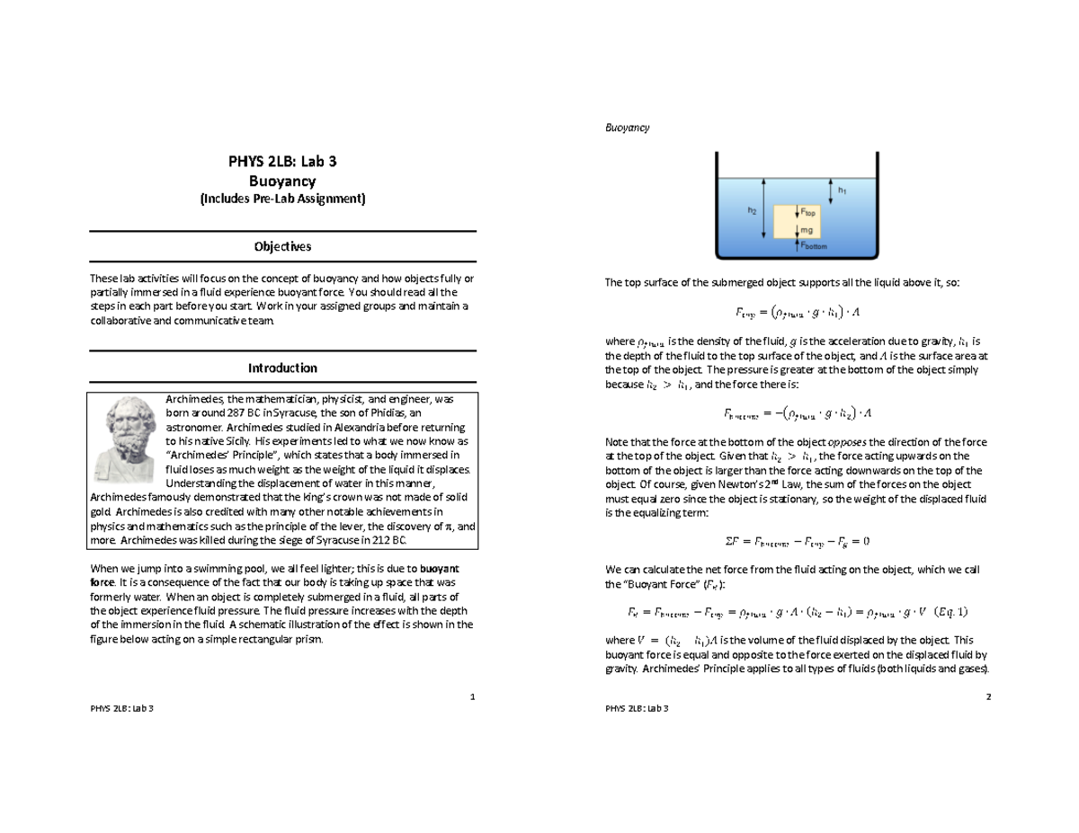 PHYS 2LB: Lab 3 - Exploring Buoyancy and Archimedes' Principle - Studocu