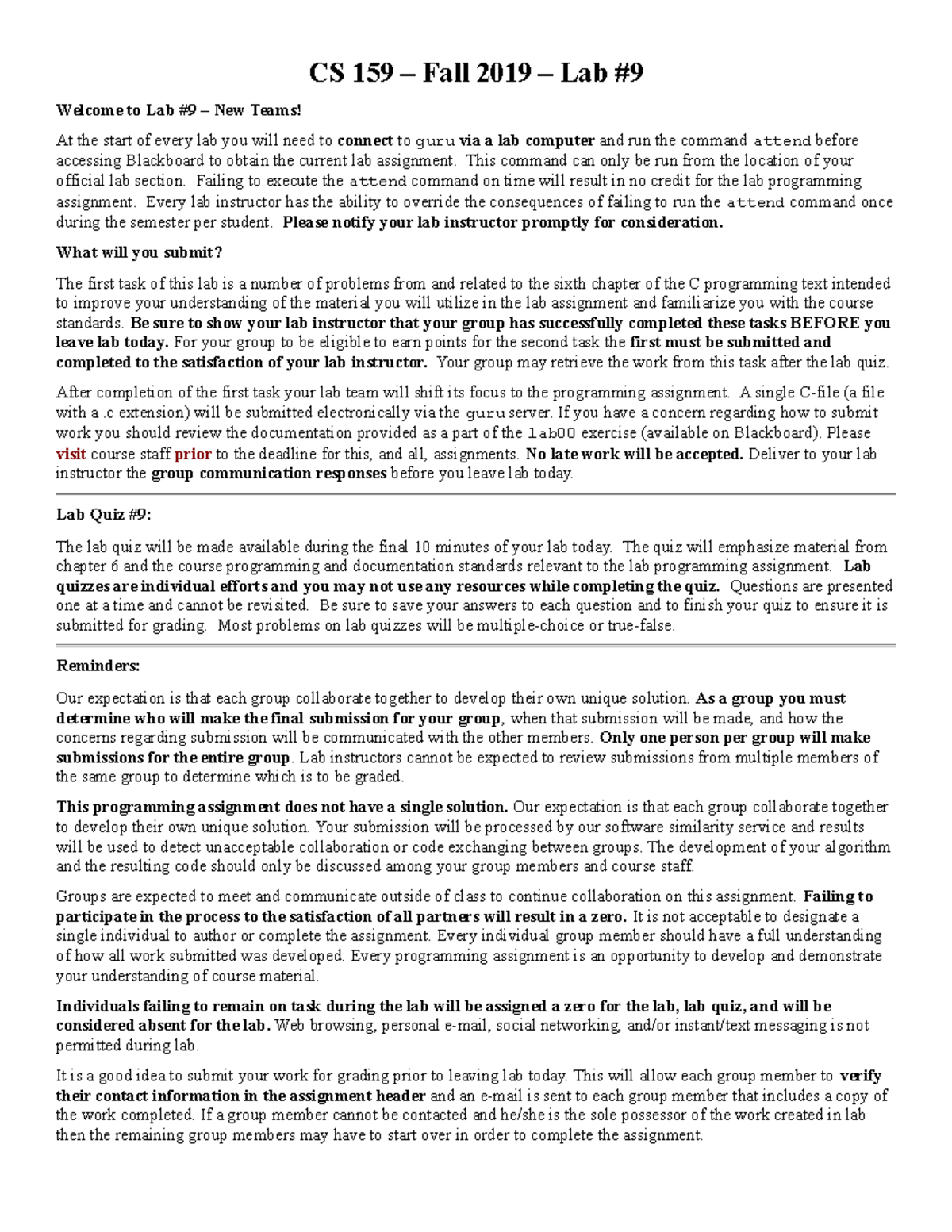 Lab09 - lab - CS 159 – Fall 2019 – Lab Welcome to Lab #9 – New Teams ...