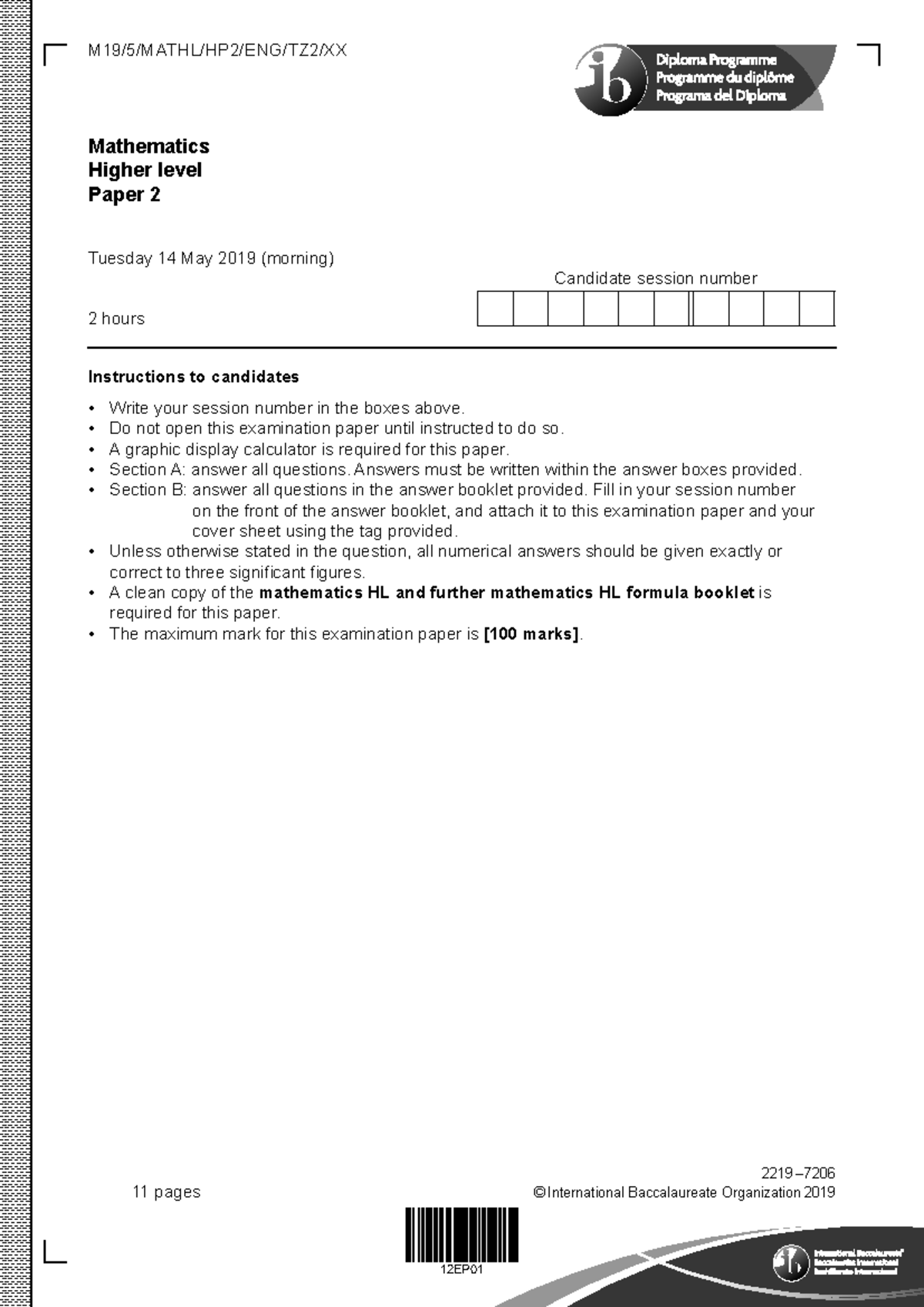 Mathematics HL Paper 2 Exam - May 14, 2019 (TZ2) - Studocu