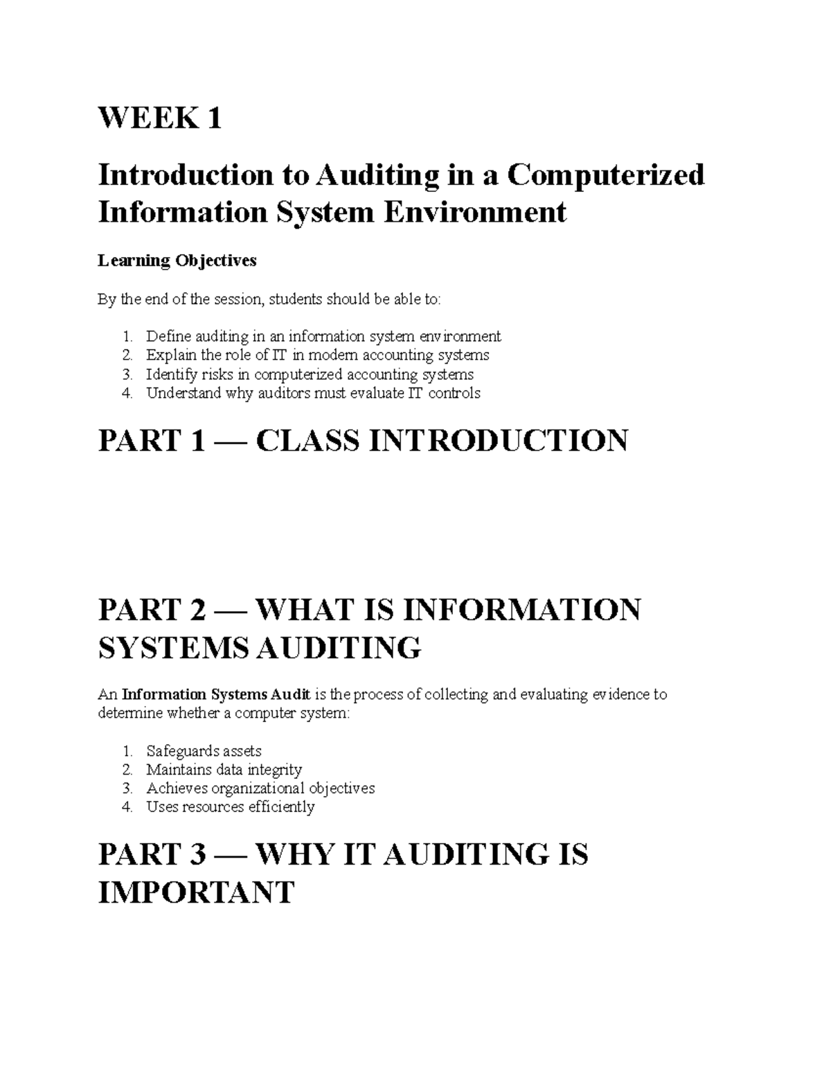 CIS 101: Week 1 Introduction to Auditing in Computerized Systems - Studocu