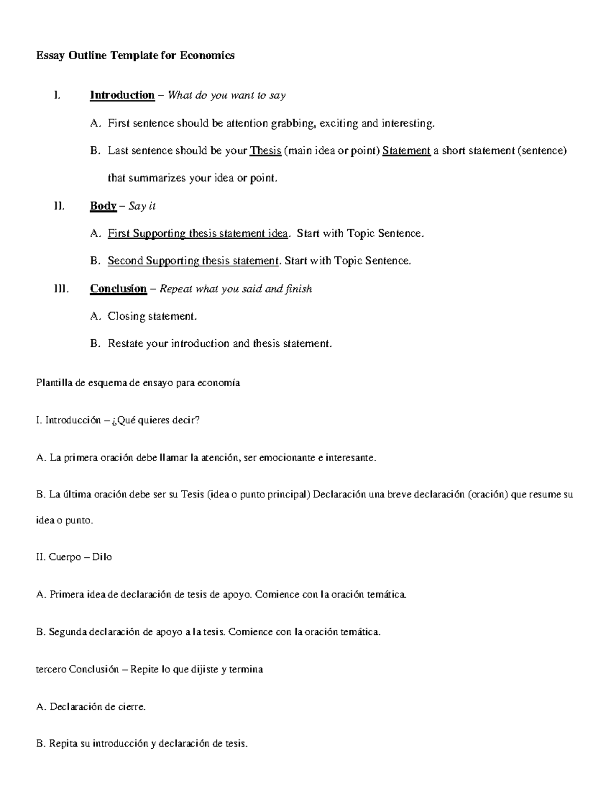 Template Outline for Economics Essay - Essay Outline Template for ...