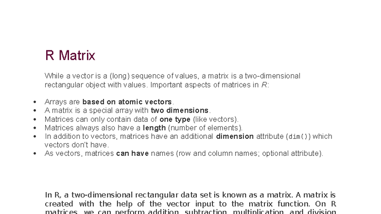 R Programming: Understanding Matrices and Their Operations - Studocu