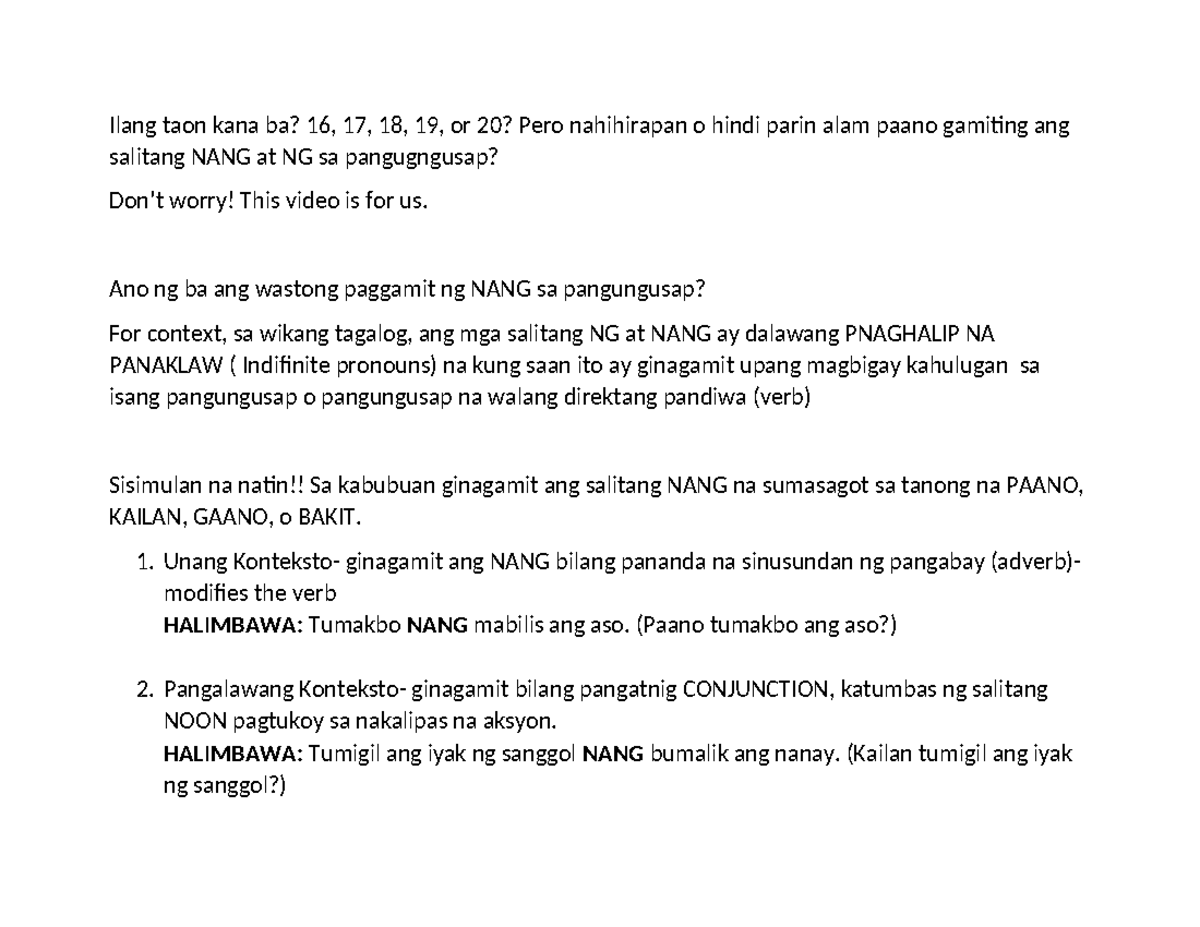 Wastong Paggamit ng NG at NANG sa Pangungusap: Isang Gabay - Studocu