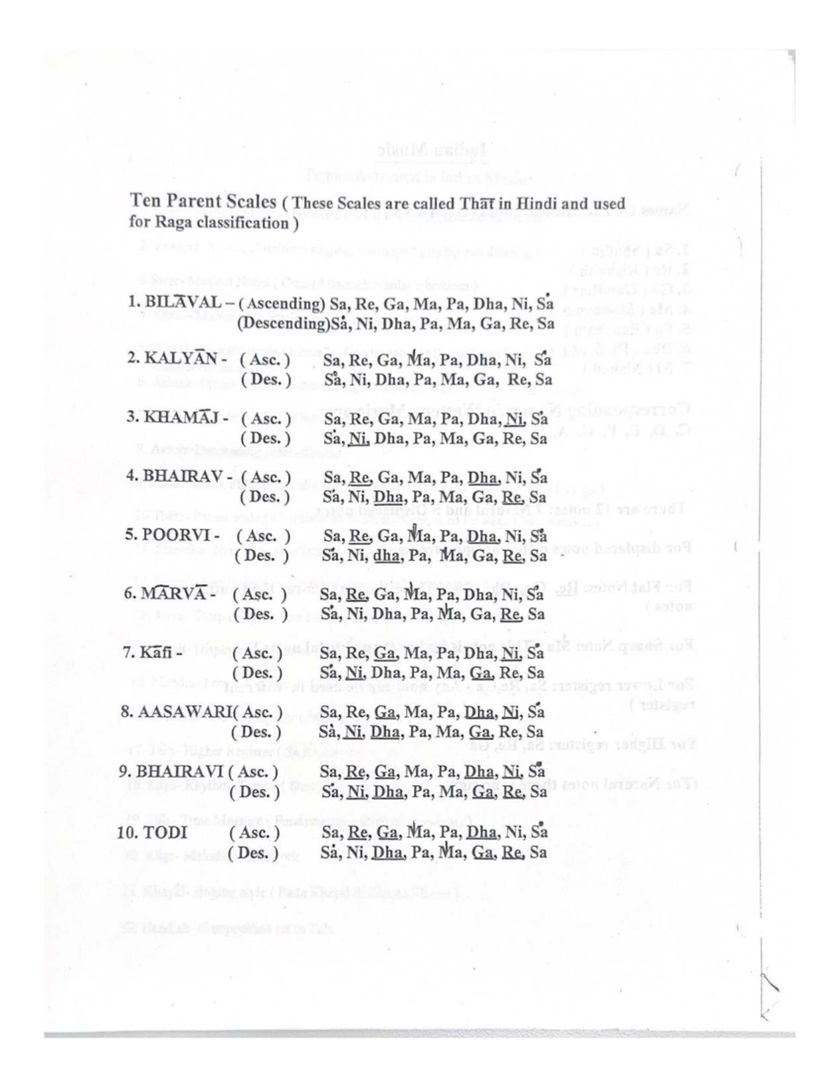Ten Parent Scales in Hindi: Raga Classification and Applications - Studocu