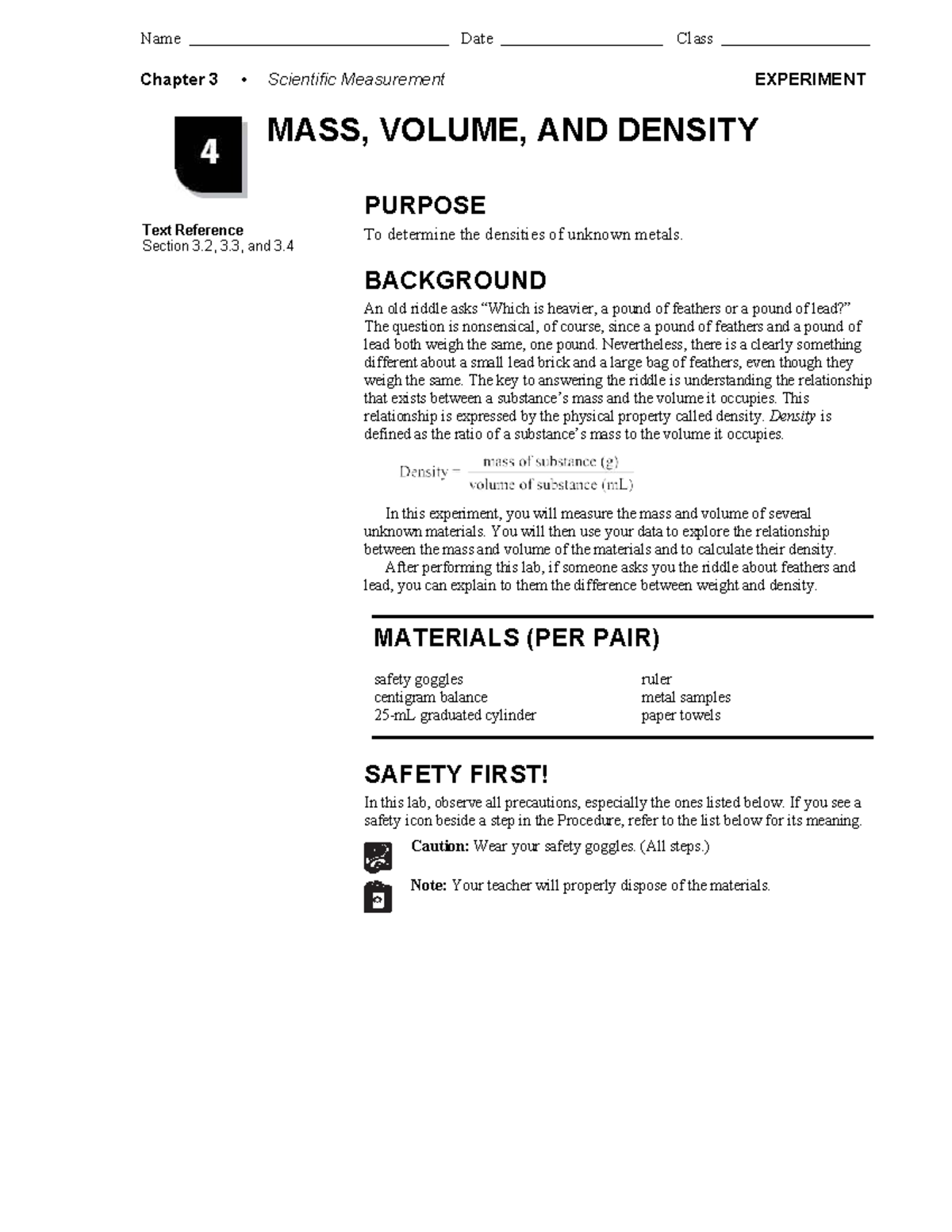 Chpt 3 Lab: Mass, Volume, and Density Experiment (Chem 101) - Studocu