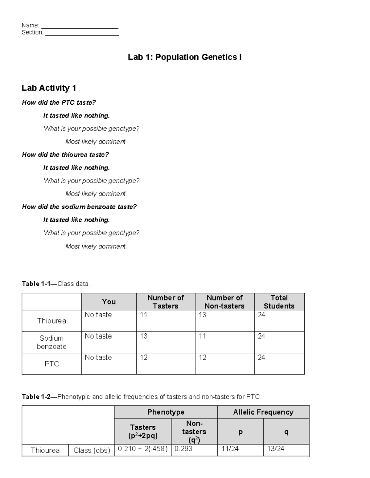 Population Genetics I Lab Protocol & Data Analysis - Studocu