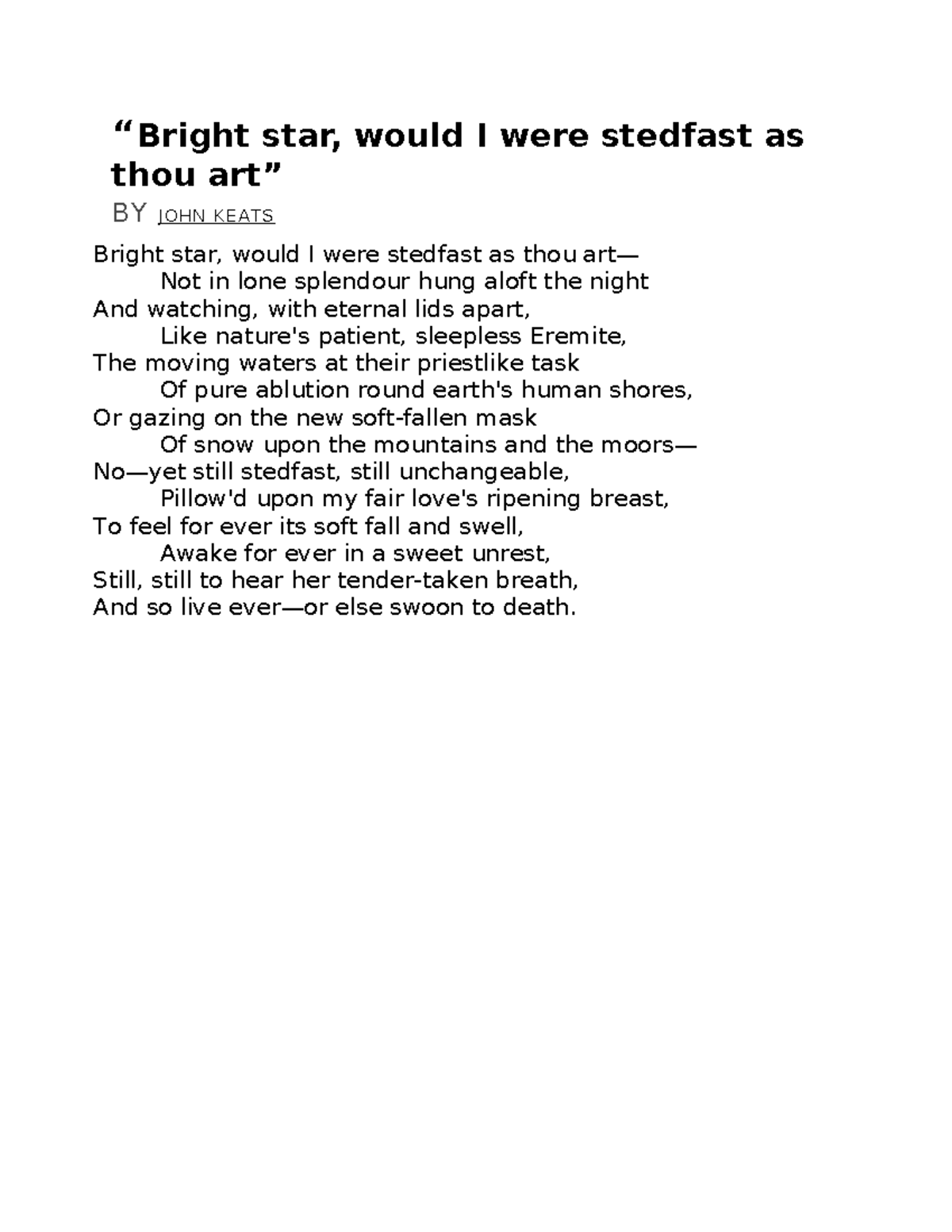 Keats's Bright Star - These notes explain the poem's theme. - “Bright ...