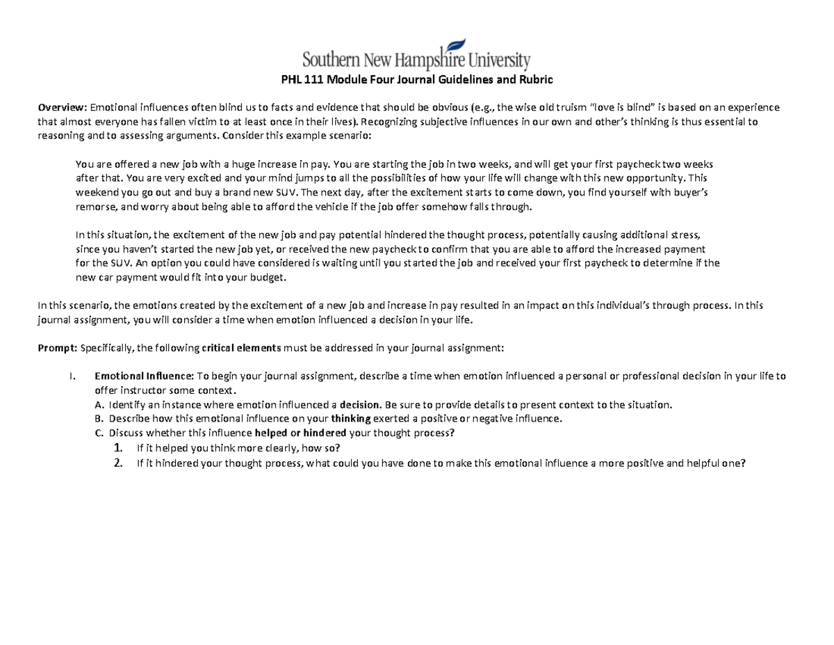 PHL 111 Module Four Journal Guidelines and Rubric - , the wise old ...